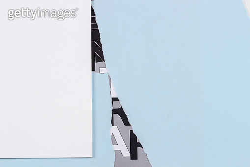 Torn paper textured collage background. Grunge ripped light blue paper ...