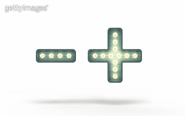Plus minus sign decorated with light bulb covered with green wood ...