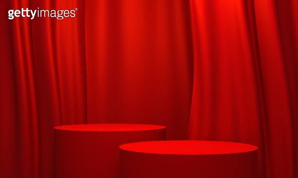 3d rendering of red abstract geometric background with fabric. Scene ...