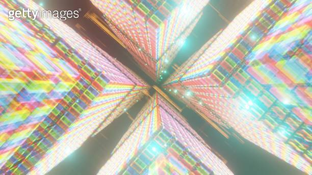 Inside the screen with the futuristic pixels connected fiber optic 이미지 ...