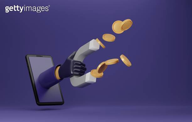 Hacker hand holding a huge magnet attracts money through a cell phone ...