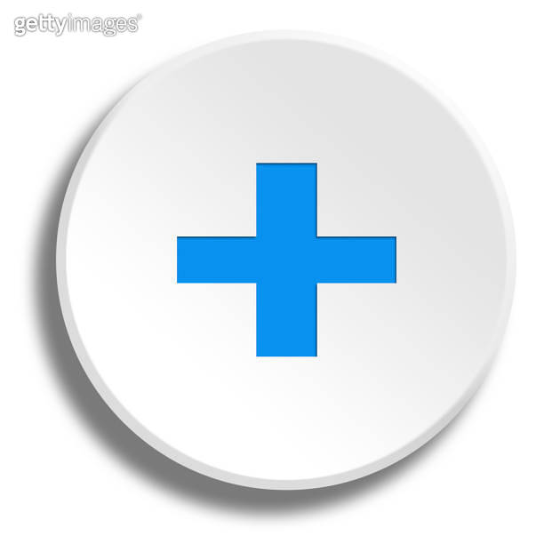 Blue plus in round white button with shadow 이미지 (1372895750) - 게티이미지뱅크