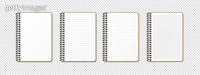 Vertical spiral spring realistic notepad on transparent background. Lined, gridded, checkered ...