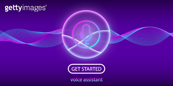 Artificial intelligence concept. Personal assistant. Get started. Voice recognition. Sound wave ...