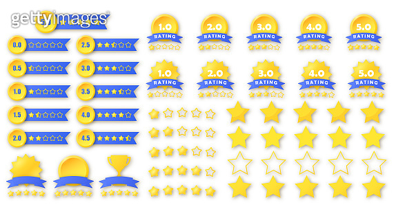 Rating icons and labels set. Set of golden sign isolated on white ...