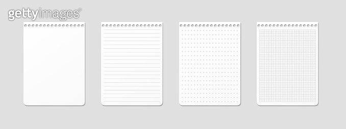 Horizontal ruled, lined, gridded, checkered grid, dotted and empty sheets on gray isolated ...