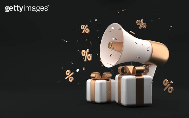 Megaphone with cute decorative festive gift boxes and percent signs ...