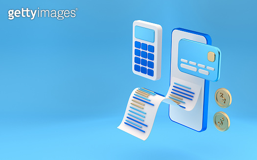 Concept with coins, calculator, receipt. digital invoice and paycheck ...