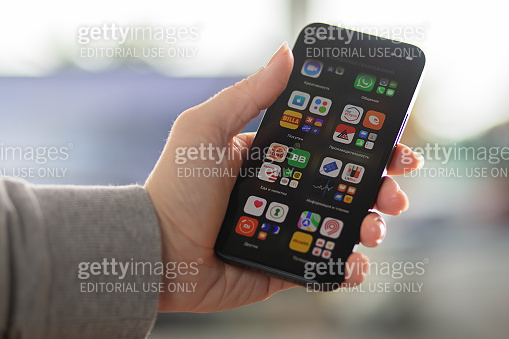 iPhone 13 mini in hand with mobile applications, Russia, Moscow ...