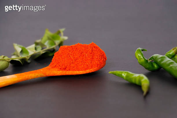 Indian Spicy Curry Ingredients. Red chilli Powder, Green chilli And ...