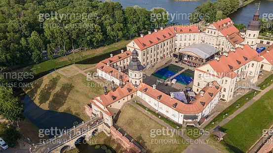 Open air medieval castle used for major theater festivals. Preparation ...