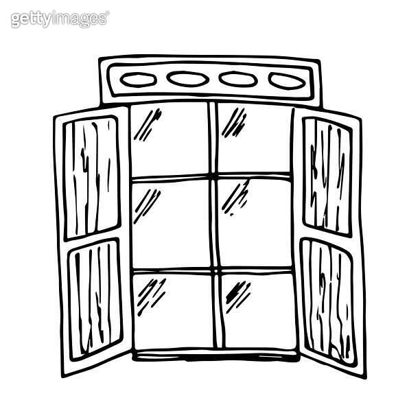 Simple hand-drawn vector drawing in black outline. Antique window with ...