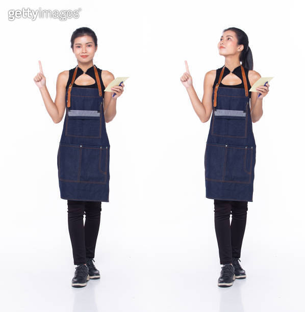 Full length 30s Asian Woman barista waitress menu, pointing finger up ...