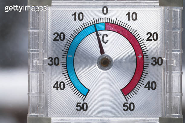 Outdoor window thermometer shows negative temperature in degrees ...
