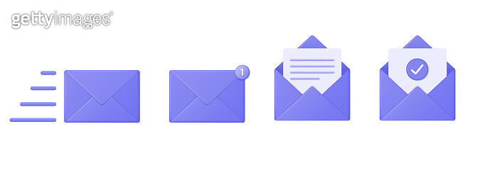 3d icons of a purple mail envelope with a new message marker. Email ...