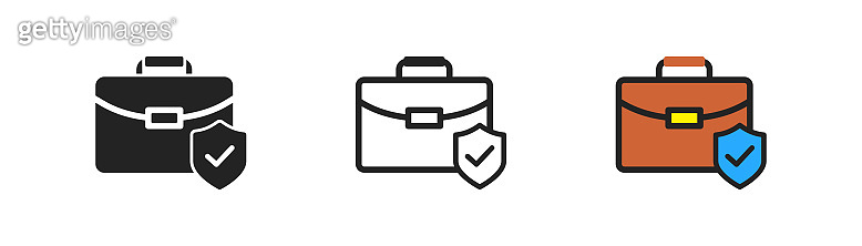 Job insurance icon. Briefcase behind shield. Guarantee of work symbol ...