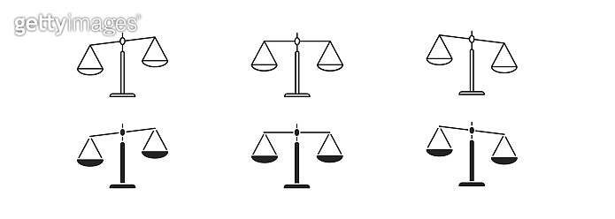Justice scale icon set. Equilibrium concept. Measure signs. Legal law ...