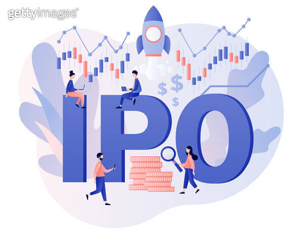 IPO concept. Initial public offering. Tiny people investors ivest stock ...
