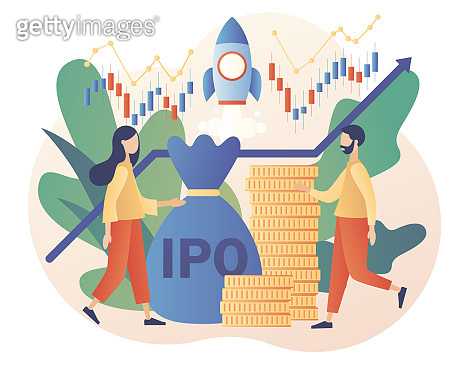 Initial public offering. IPO concept. Investment. Tiny people investors ...