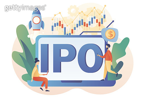 Initial public offering. IPO concept. Tiny people investors ivest stock ...