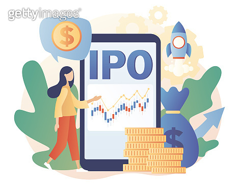 Initial public offering. IPO concept. Tiny woman investor ivest stock ...