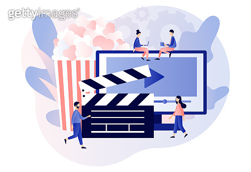 IPTV concept. Tiny people watch digital media TV stream with popcorn ...