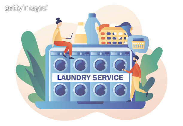 Laundry service online on laptop screen. Washing machines. Laundromat ...