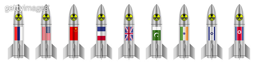 Atomic bombs with flags of nuclear states, vector illustration ...