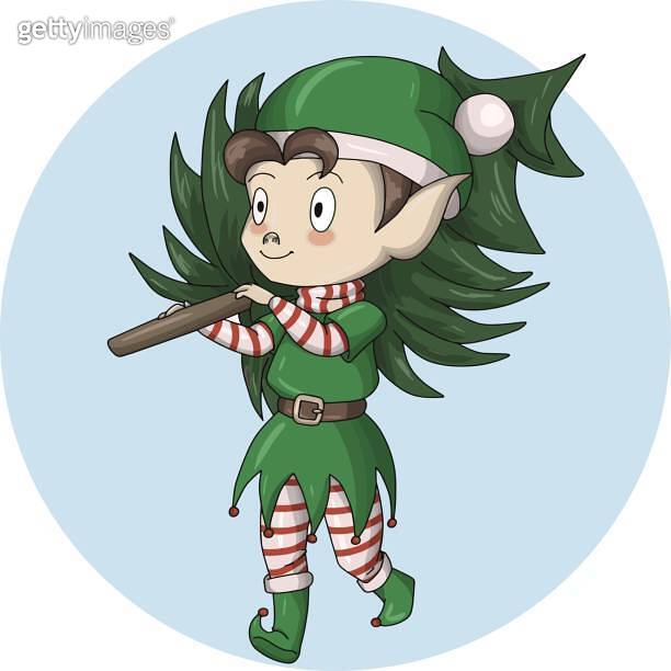 Santa's little elf helper carries a Christmas tree, vector illustration ...
