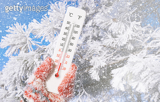 White celsius and fahrenheit scale thermometer in hand. Ambient ...