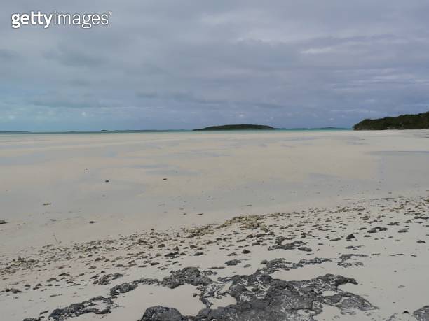 Wide shot of white sand at the Exuma Point Beach, Bahamas at low tide ...