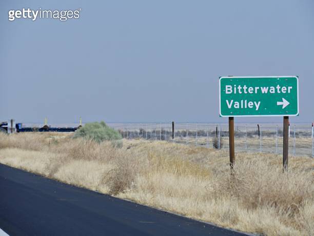 Roadside sign along Highway 46 with arrow direction to Bitterwater ...
