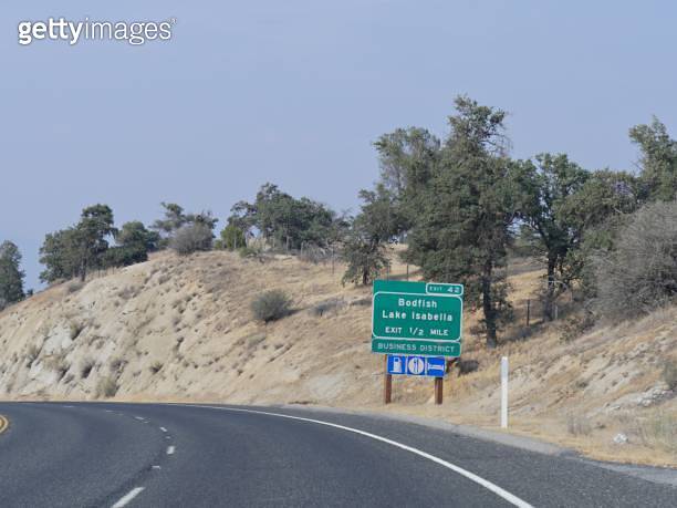 Roadside sign along Highway 178 with directions to Bodfish and Lake ...