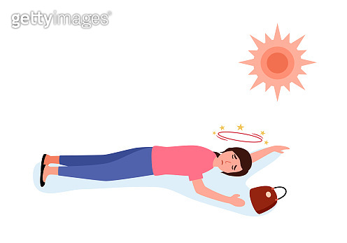 Young woman fainting under strong sunlight in flat design on white ...