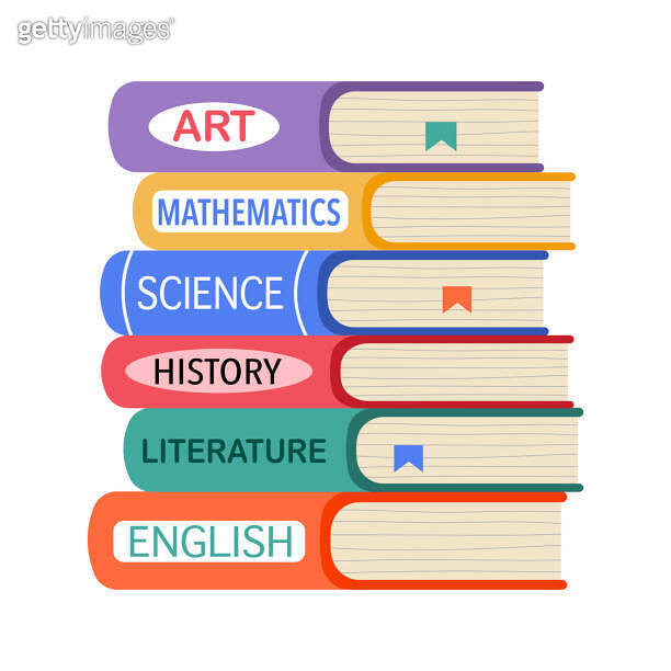 Stack of books with school subject names in flat design on white ...