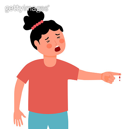 Girl child with hand finger bleed from kitchen knife cut in flat design ...