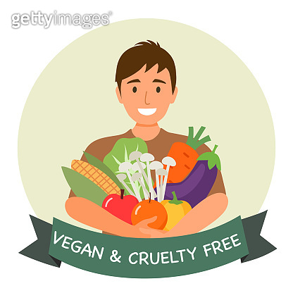 Happy vegan guy holding fruits and vegetables in flat design. Vegan and ...