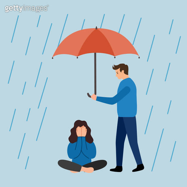 Man comforting depressed crying female friend. He help relief stress ...