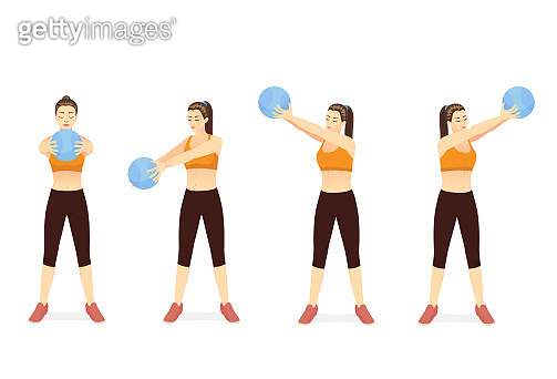 Sport women doing Exercise by Medicine Ball Figure 8 pose. Guide for a ...