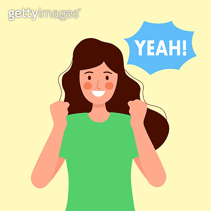 Cheerful woman saying yeah in flat design. Happy successful female ...