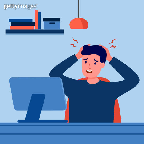 Young man having painful headache concept vector illustration. Migraine ...