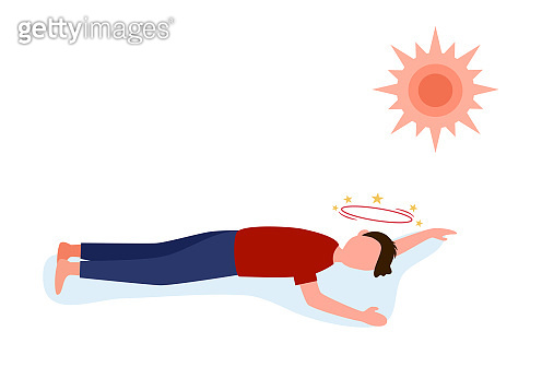 Young man fainting under strong sunlight in flat design on white ...