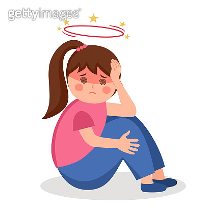 Girl child having dizzy symptom in flat design. Kids feeling vertigo or ...