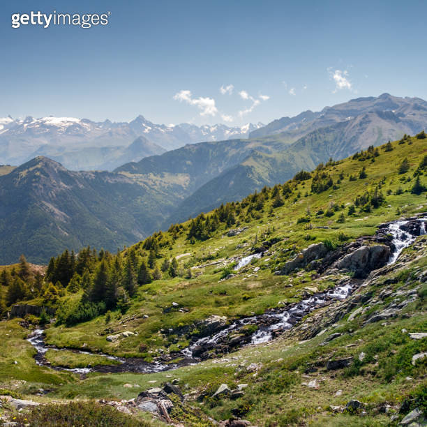 Panorama of the Oisans valley in the French Alps in summer with a ...