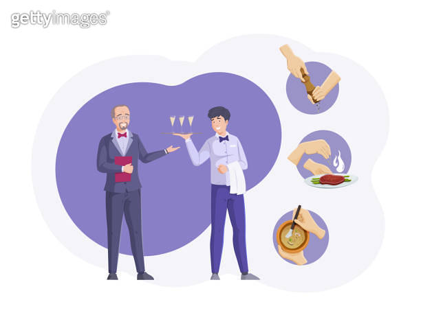 Head waiter with waiter presents authors restaurant dishes and drinks ...