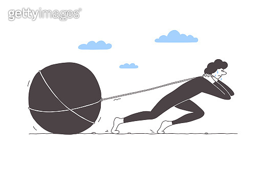 Vector illustration of unhappy cartoon character pulling big stone on ...