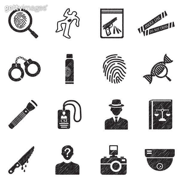 Crime Investigation Icons. Black Scribble Design. Vector Illustration ...
