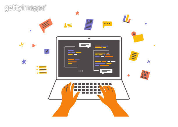 Data analysis vector Illustration with human hands of programmer ...