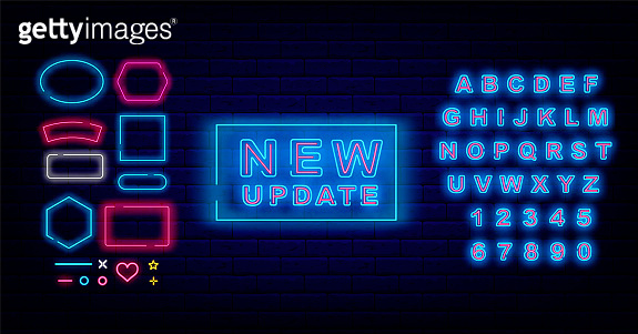 New update neon signboard. Game design. Shiny blue alphabet. Frames ...