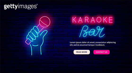 Karaoke bar neon promotion. Microphone in hand icon. Website landing ...